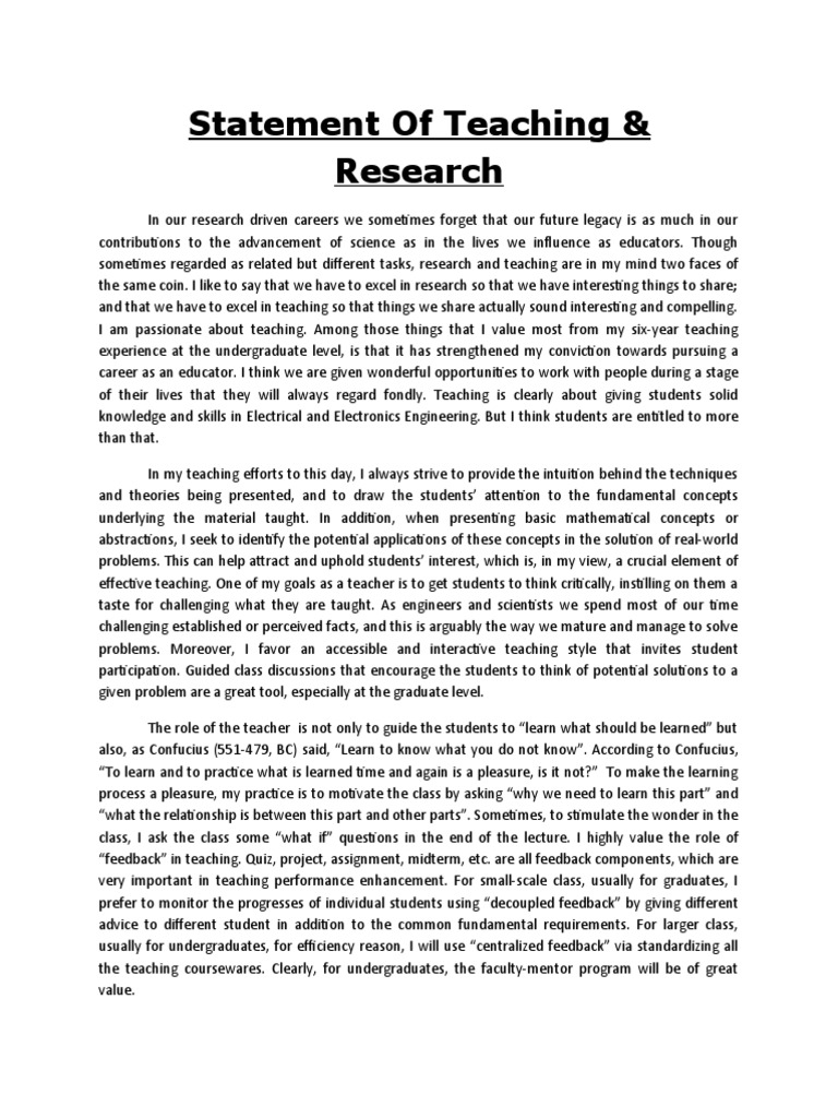 Statement of Teaching & Research | PDF | Teachers | Critical Thinking