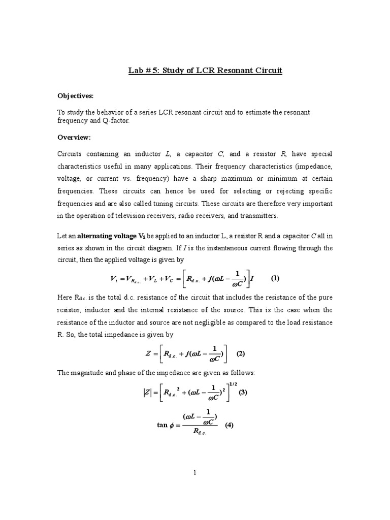 Lab # 5: Study of LCR Resonant Circuit: C D C L R I . | PDF ...