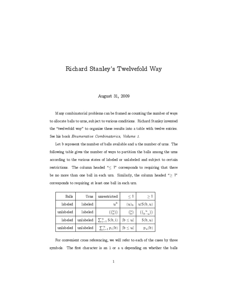 Richard Stanley's Twelvefold Way | PDF | Combinatorics | Abstract Algebra