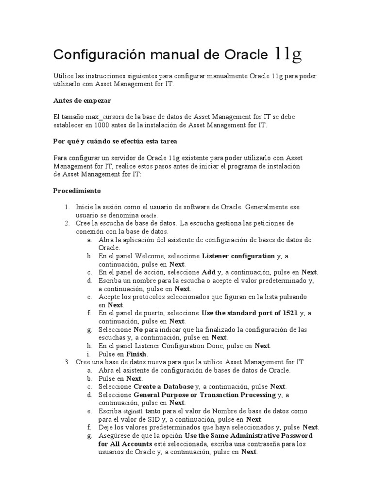 Configuración manual Oracle 11g | PDF | SQL | Oracle Corporation