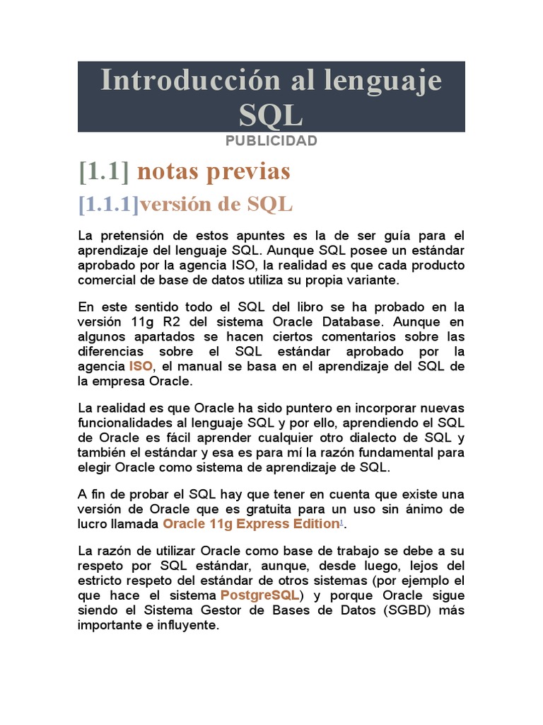 Introducción Al Lenguaje SQL-new | PDF | SQL | Bases de datos Introducción Al Lenguaje SQL-new | PDF | SQL | Bases de datos