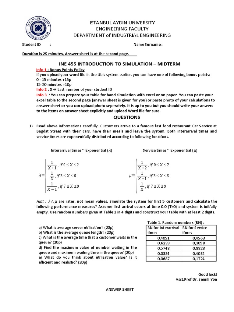 Ine 455 Introduction To Simulation - Midterm | PDF | Statistics | Probability Theory