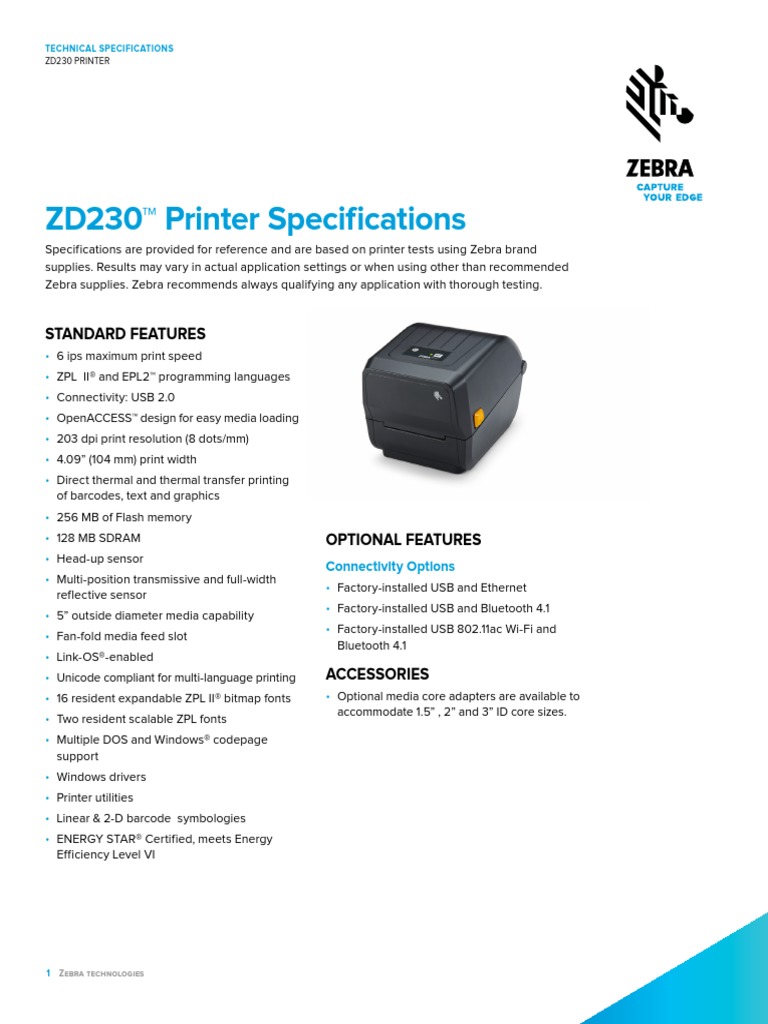 ZD230™ Printer Specifications: Standard Features | PDF | Printer ...