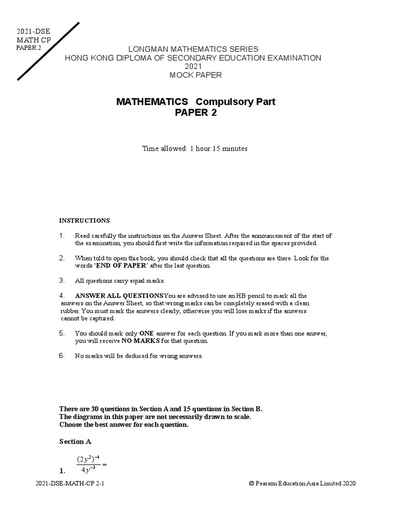 MATHEMATICS Compulsory Part Paper 2: 2021-DSE Math CP | PDF | Line ...