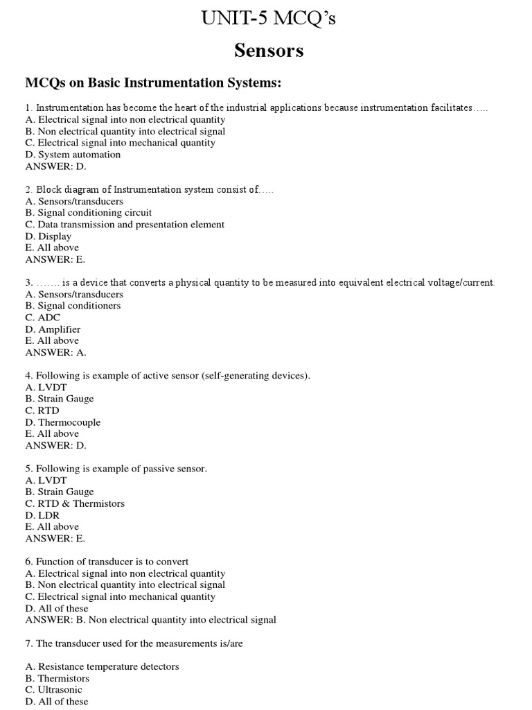 Sensors: Mcqs On Basic Instrumentation Systems | PDF | Pressure Measurement | Electrical ...