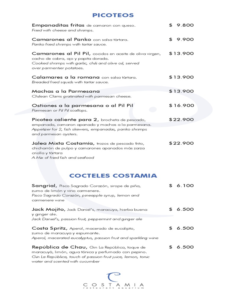 Menú de Picoteos y Bebidas Costamía | PDF | Mariscos | Salsa