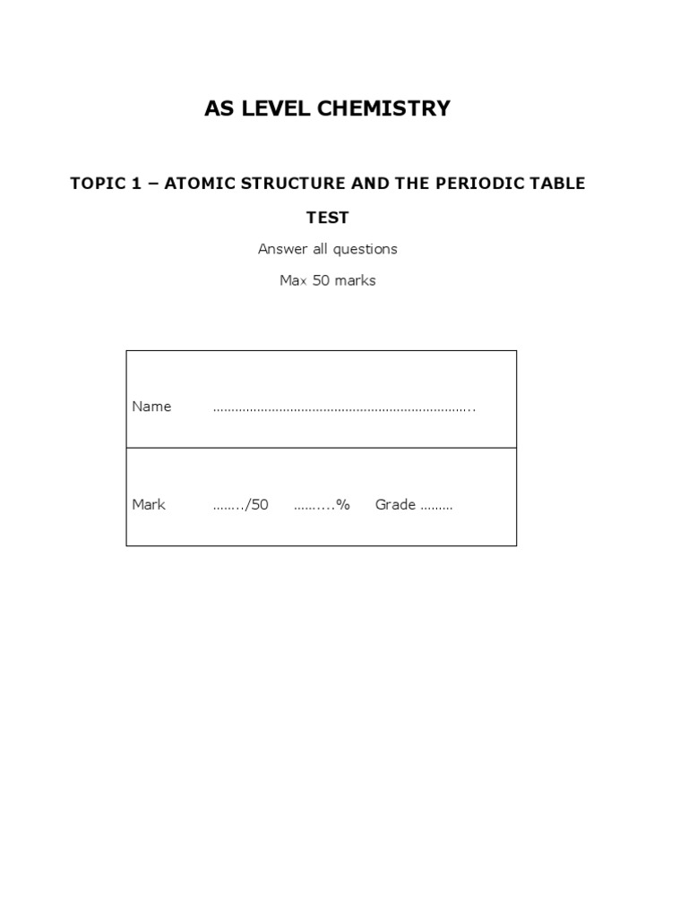 As Level Chemistry: Topic 1 - Atomic Structure and The Periodic Table ...