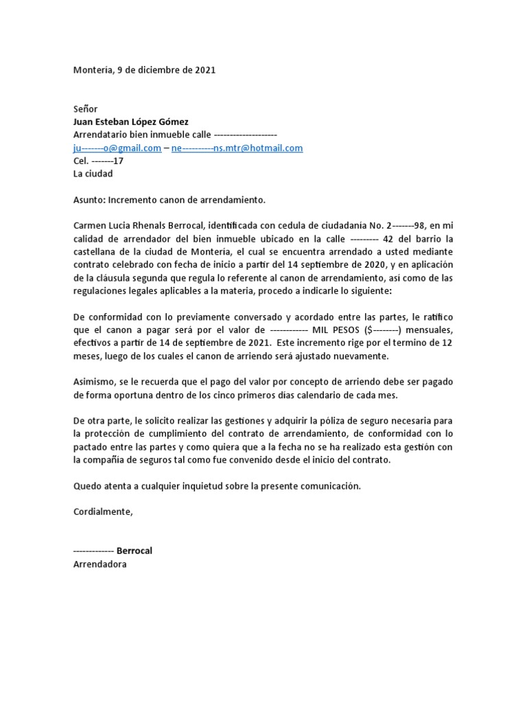 Carta Incremento Canon Arriendo | PDF