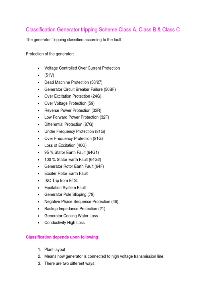Classification Generator Tripping | PDF | Electric Generator ...