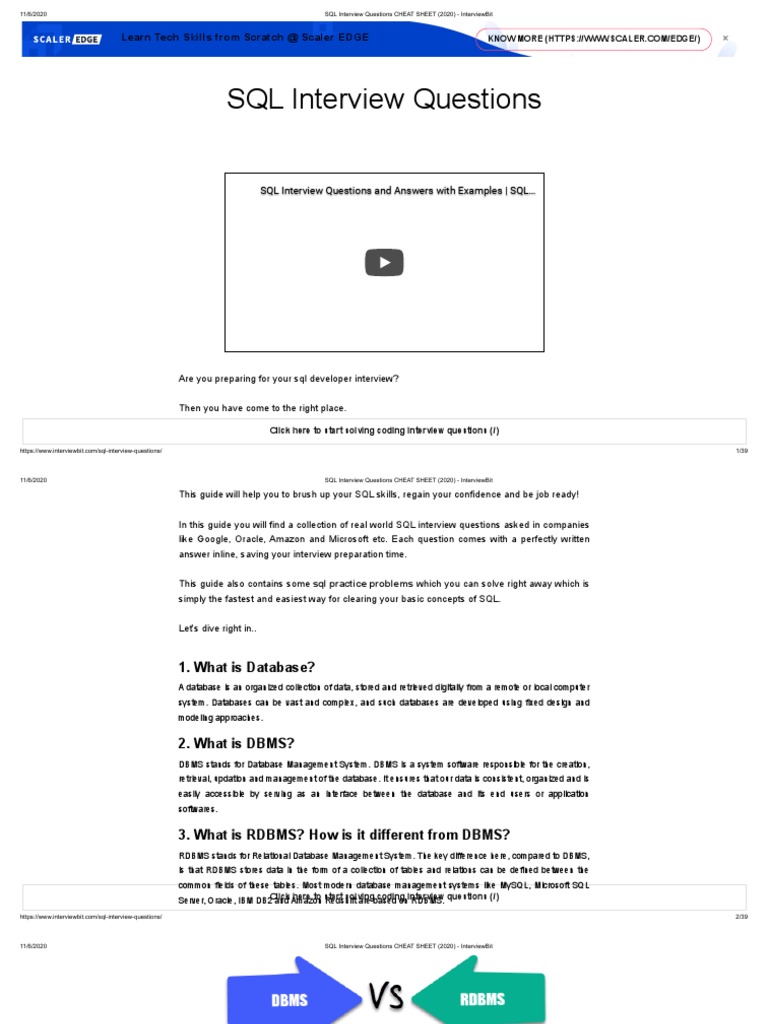 SQL Interview Questions Cheat Sheet | PDF | Database Index | Relational Database