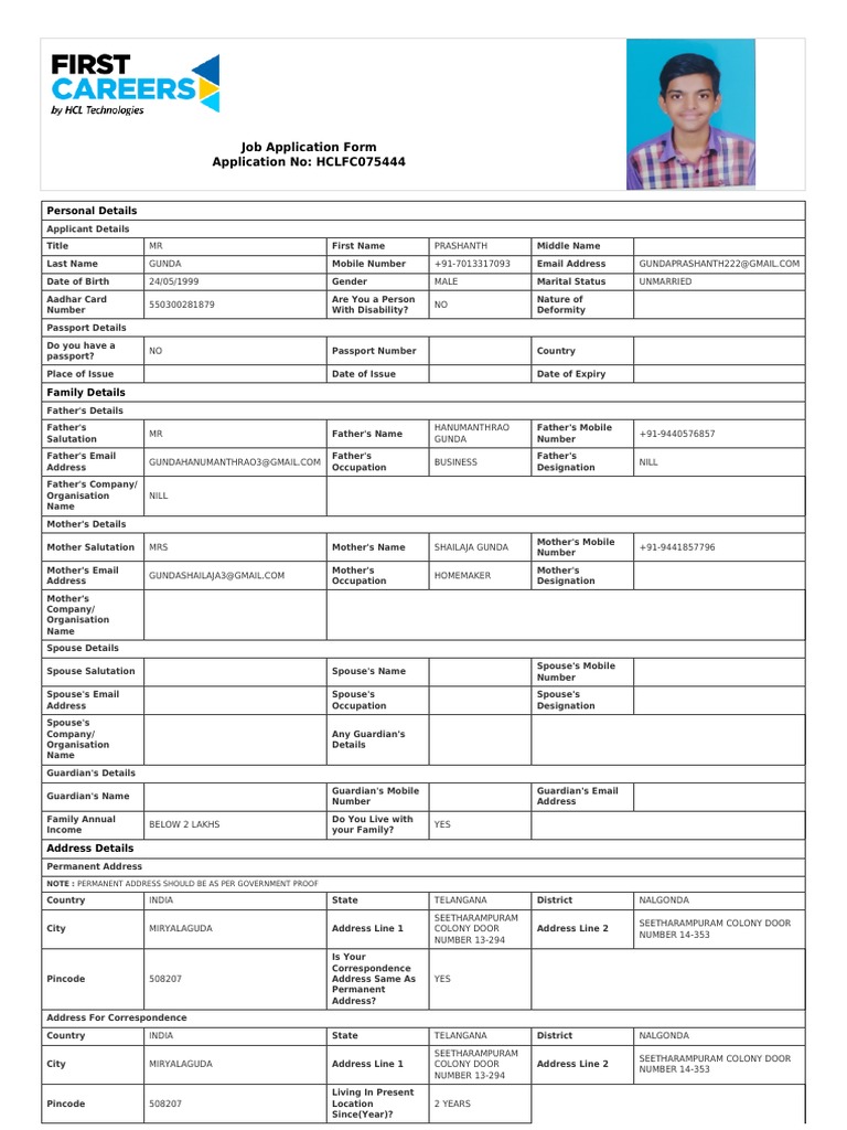 HCL Job Application Form Submission | PDF