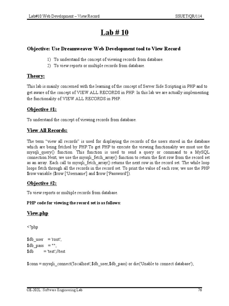Objective: Use Dreamweaver Web Development Tool To View Record | PDF | Php | Databases