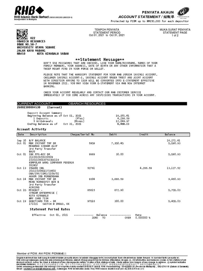 Statement Message : Penyata Akaun | PDF | Deposit Account | Banks