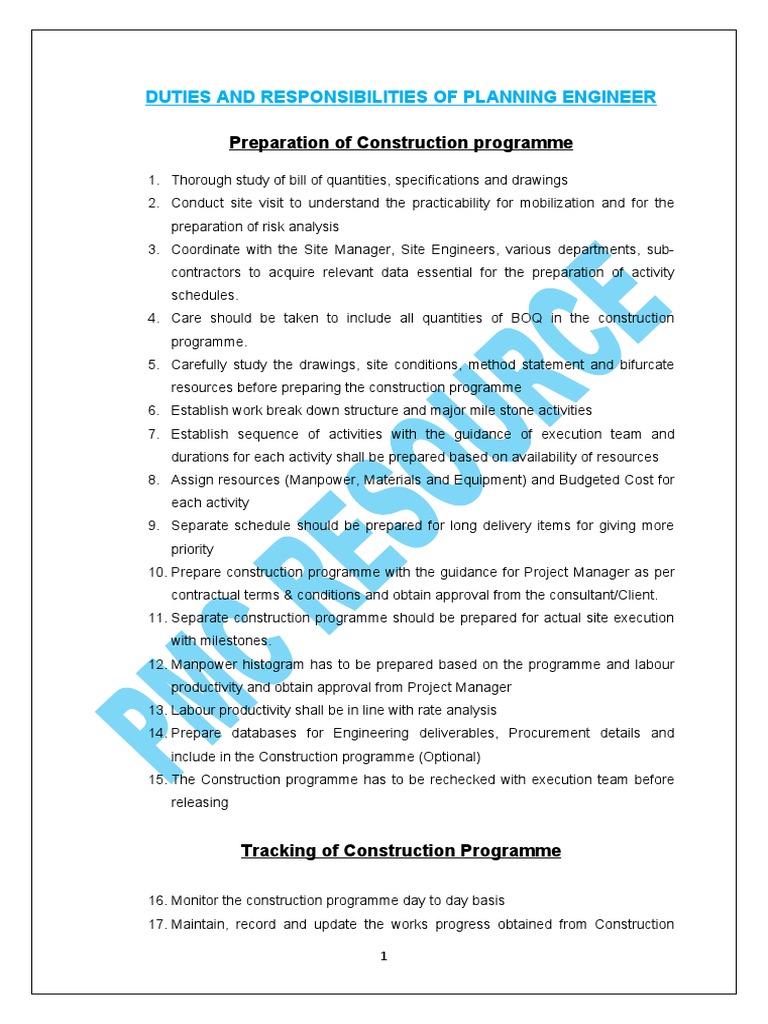 Roles and Responsibilities of Planning Engineer | PDF | Business ...