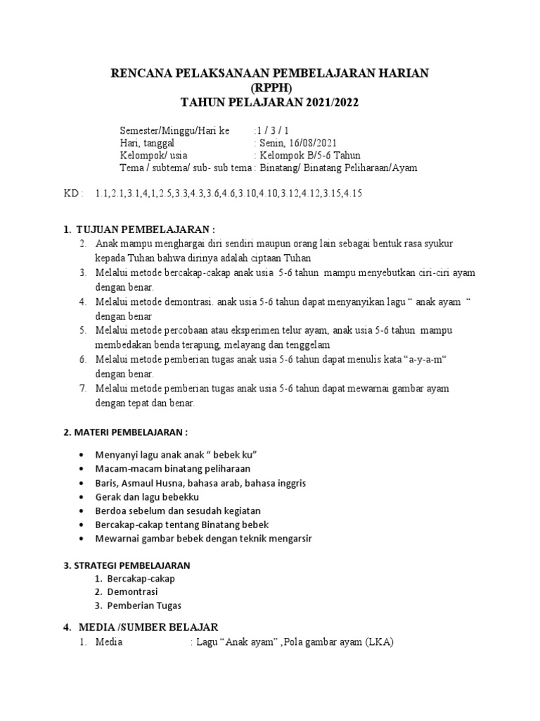 Rencana Pelaksanaan Pembelajaran Harian (RPPH) TAHUN PELAJARAN 2021/2022 | PDF