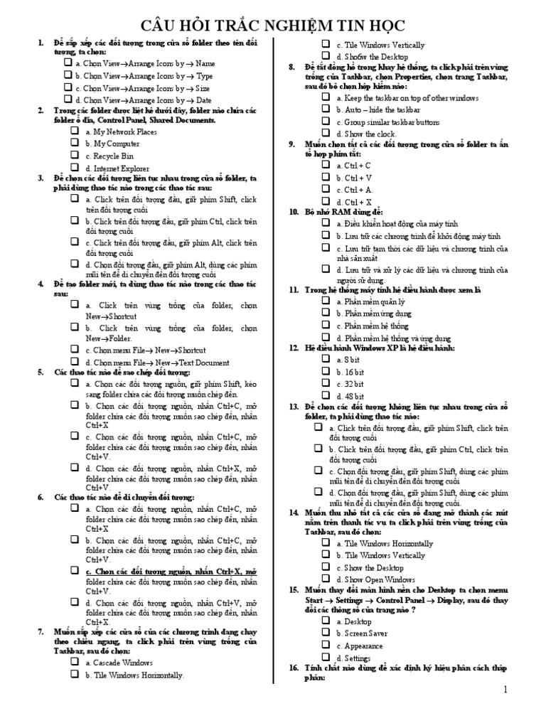 Cau Hoi Trac Nghiem Tin Hoc Tham Khao On Thi | PDF