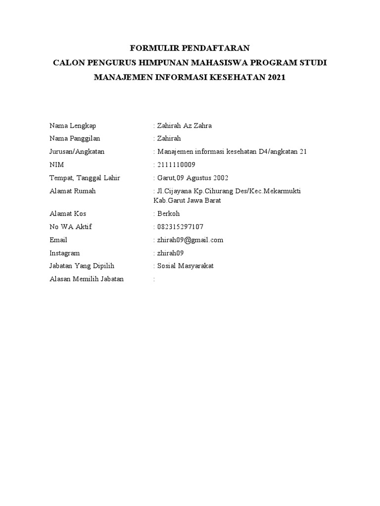 Formulir Pendaftaran Hmps Mik | PDF