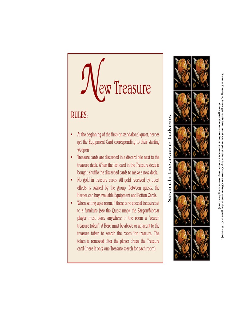 Rules and card designs for treasure, equipment, potions, and spell ...