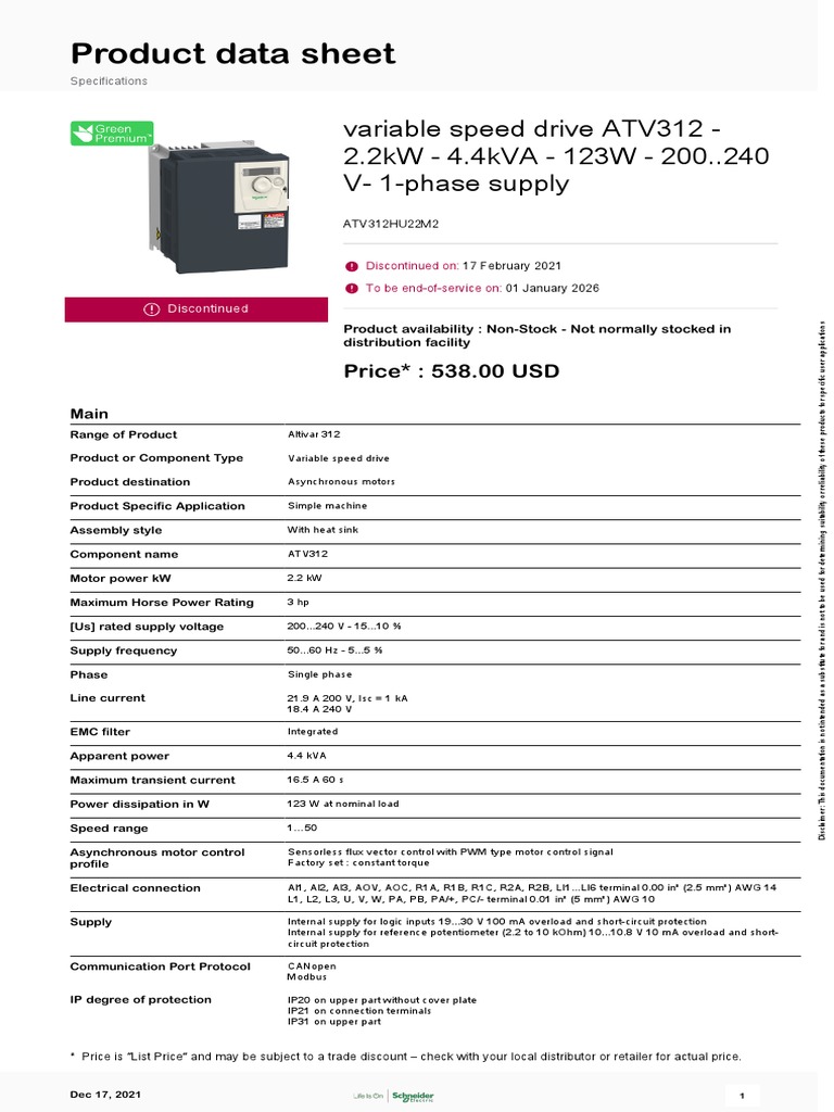 Altivar 312 Variable Frequency Drives VFD - ATV312HU22M2 | PDF ...