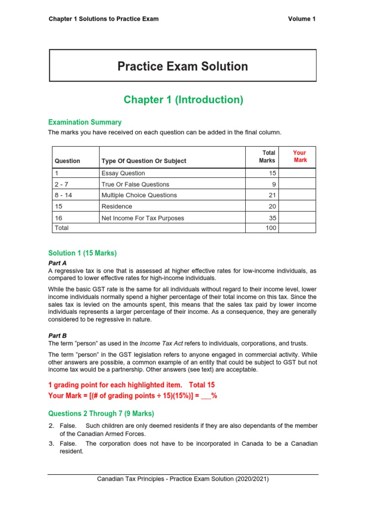Practice Exam Vol1 Solutions Pdf Taxes Tax Deduction