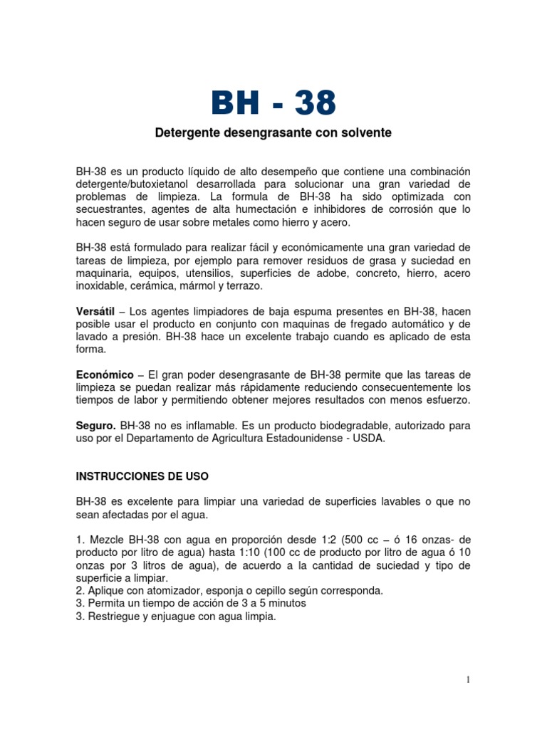 BH 38 Ficha T | PDF | Agua | Detergente