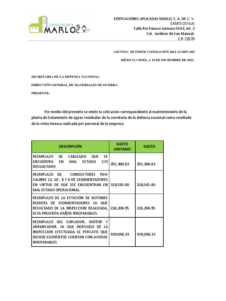 Cotización Mantenimiento Planta Tratamiento | PDF