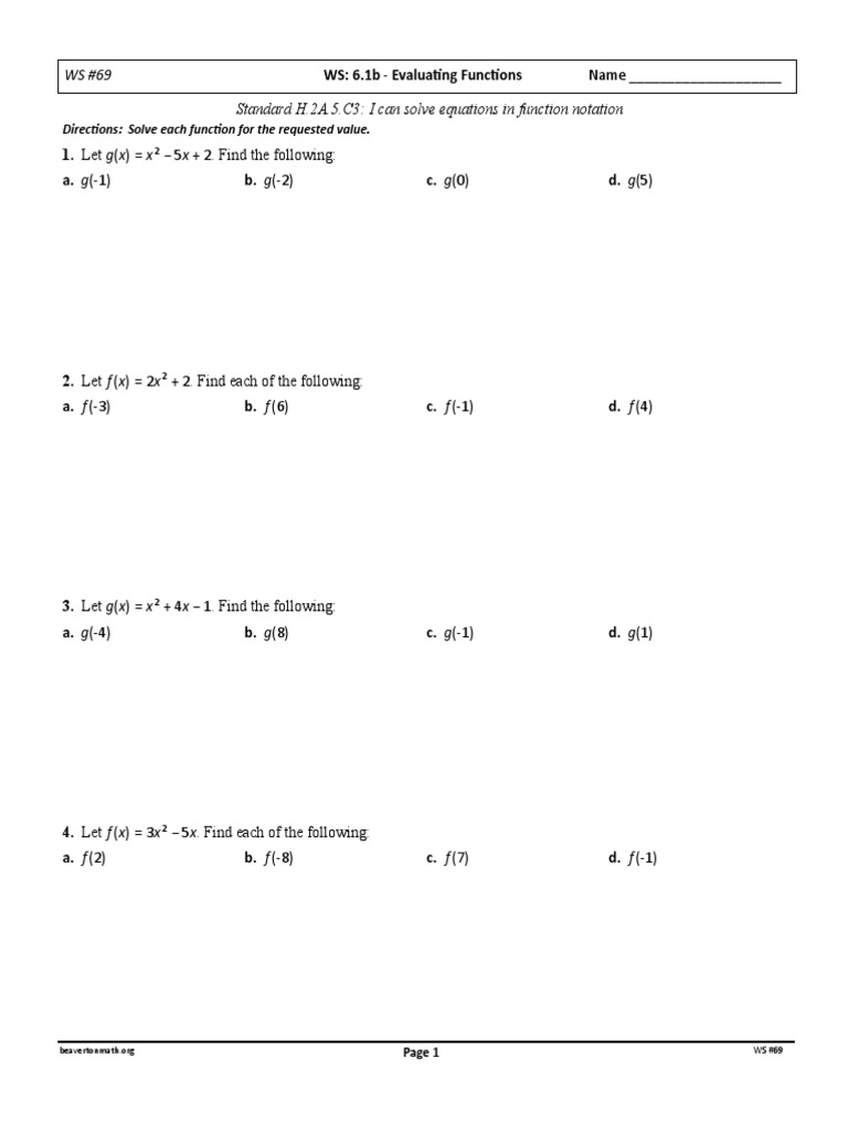 Evaluate Functions Worksheet. Ws 69 | PDF | Mathematical Analysis ...