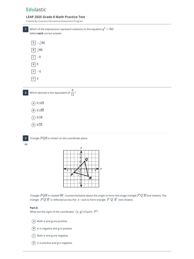 LEAP 2025 Grade 8 Math Practice Test | PDF | Equations | Function ...