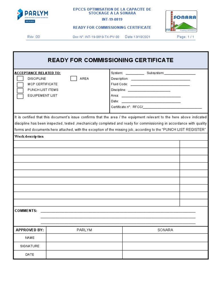Ready For Commissioning Certificate | PDF