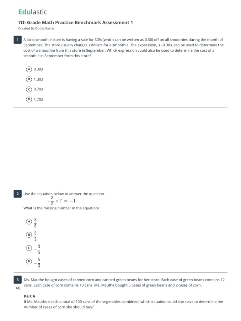 7th Grade Math Practice Benchmark Assessment 1 | PDF