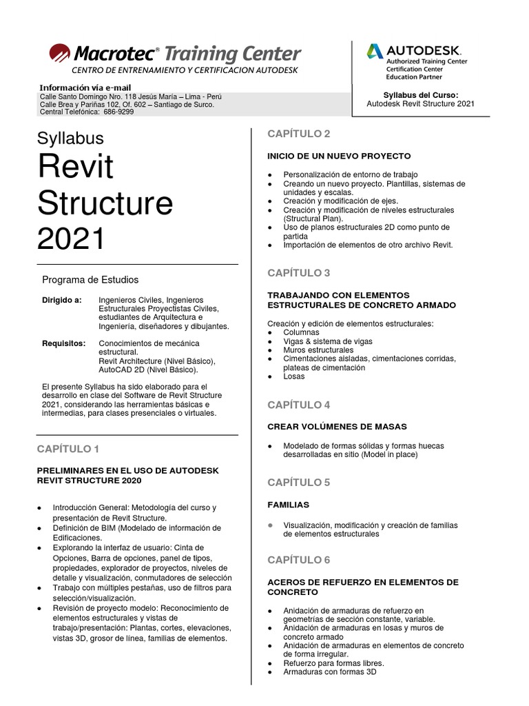 Syllabus Revit Structure 2021 - Macrotec Training Center | PDF | Autodesk Revit | Software