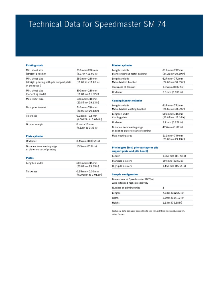 Technical Data For Speedmaster SM 74: Printing Stock Blanket Cylinder | PDF | Length