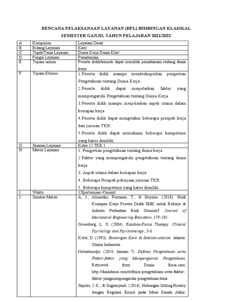 Contoh RPL Bimbingan Klasikal Bidang Karir | PDF