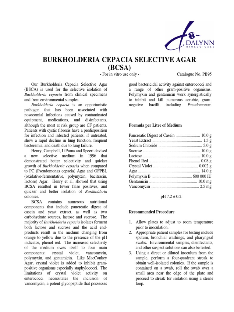 Burkholderia Cepacia Selective Agar (BCSA) | PDF | Microbiology ...