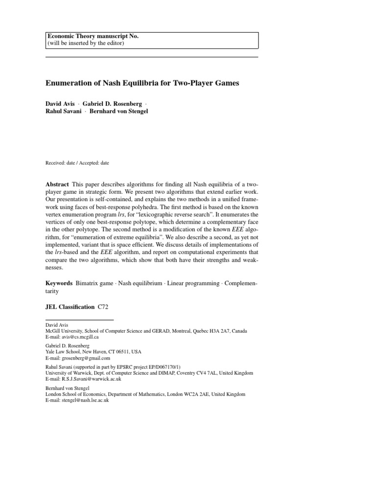 Enumeration of Nash Equilibria For Two-Player Games | PDF | Linear Programming | Matrix ...