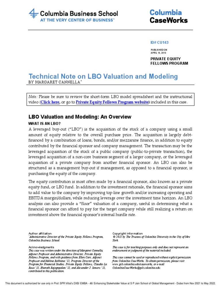 Technical Note On LBO Valuation and Modeling | PDF | Leveraged Buyout ...