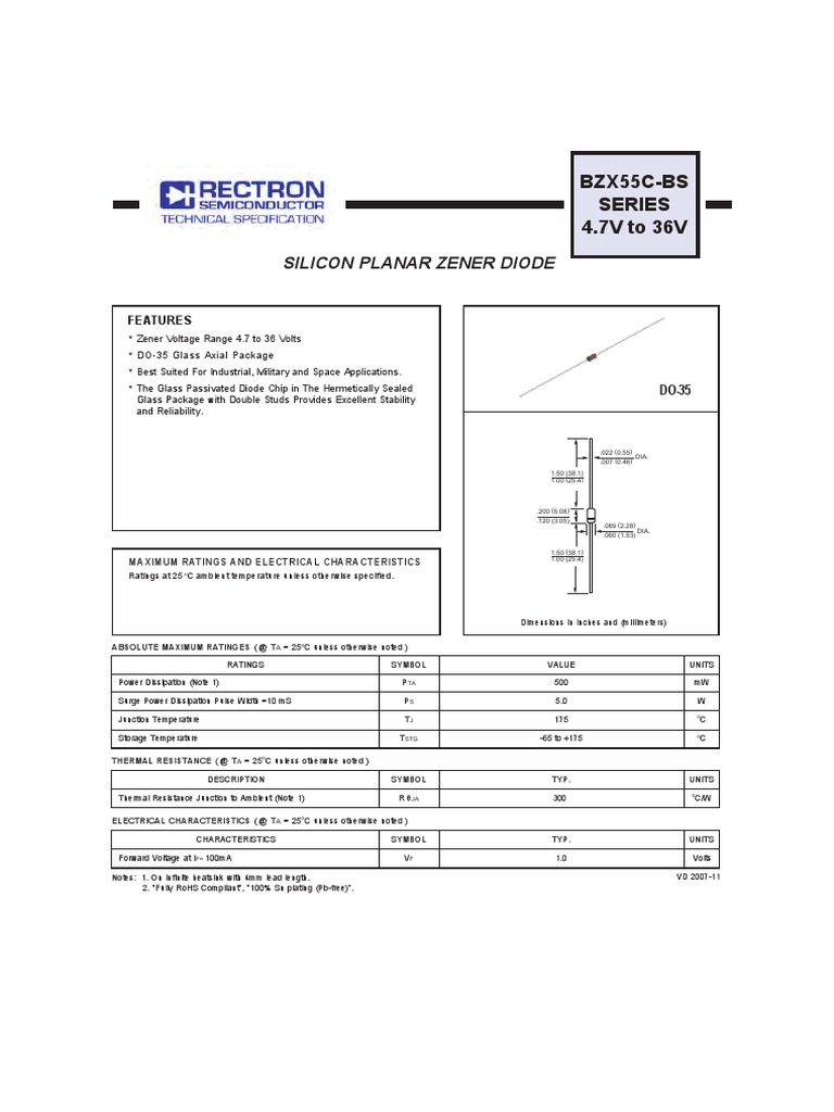 BZX55C-BS Series 4.7V To 36V: Silicon Planar Zener Diode | PDF | Diode | Electrical Engineering