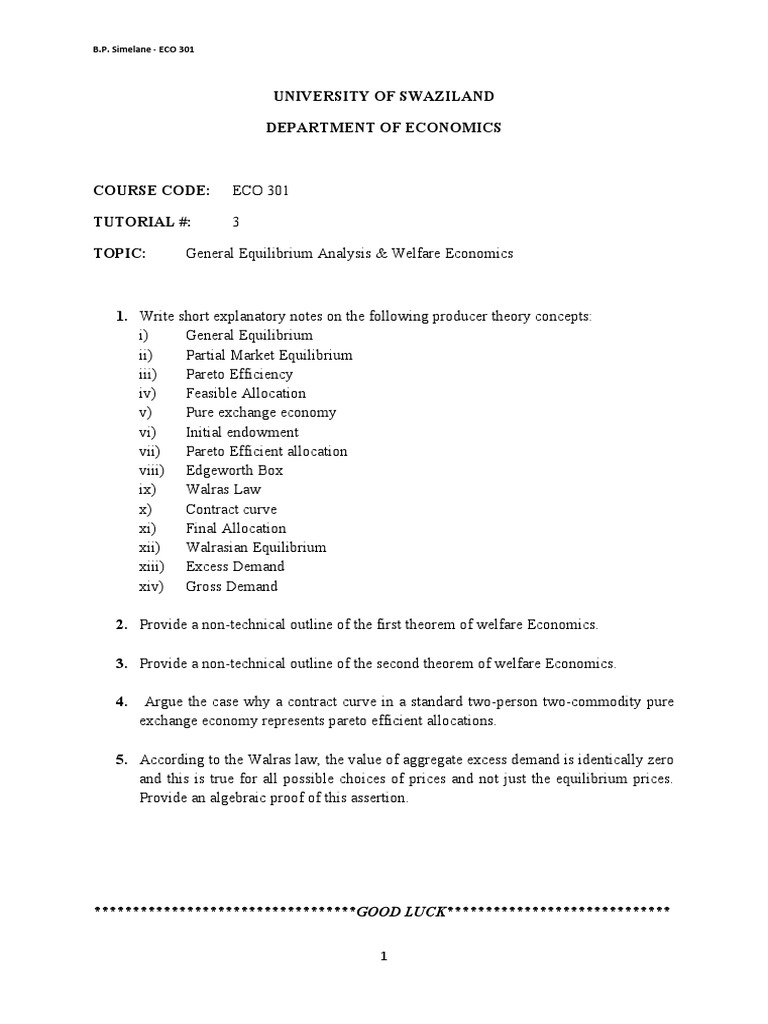 ECO 301 Tutorial 3 General Equilibrium Analysis Welfare Economics | PDF
