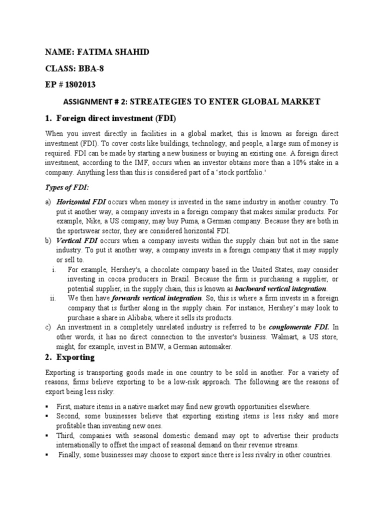 Global Marketing Assignment 2 | PDF | Foreign Direct Investment | License