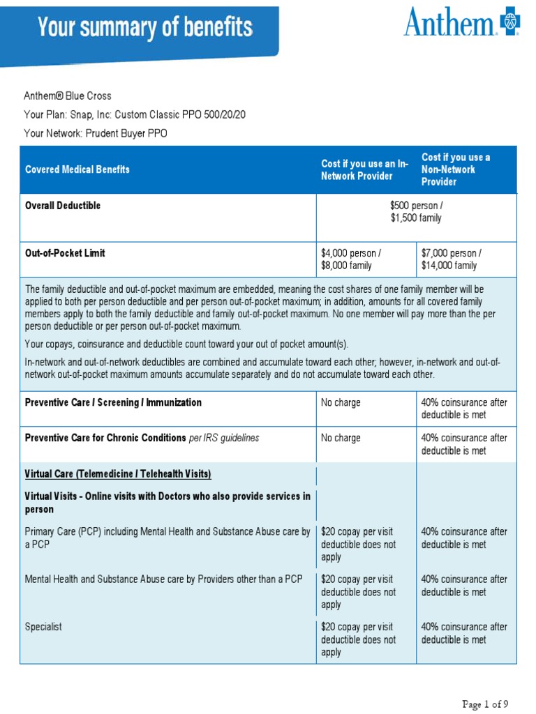 Anthem® Blue Cross Your Plan: Snap, Inc: Custom Classic PPO 500/20/20 ...