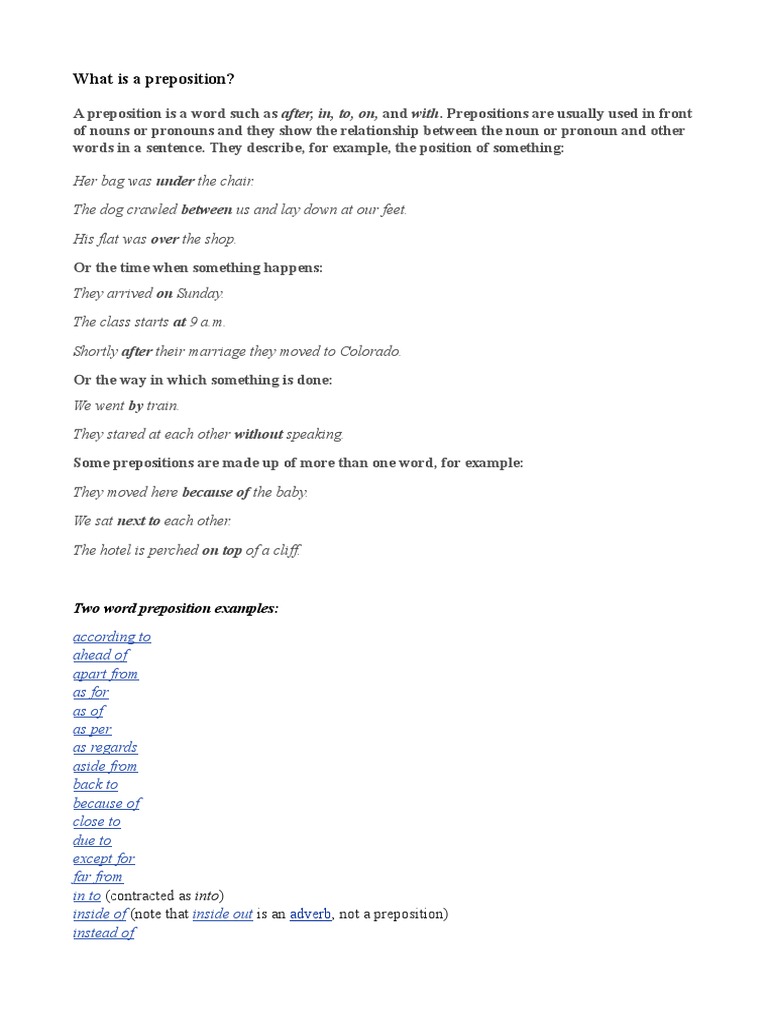 What Is A Preposition?: Two Word Preposition Examples | PDF | Language ...