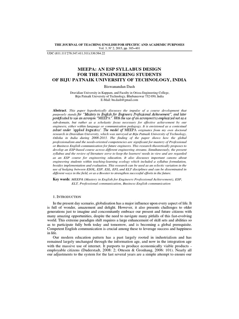 An Esp Syllabus Design For The Engineering Students of Biju Patnaik ...