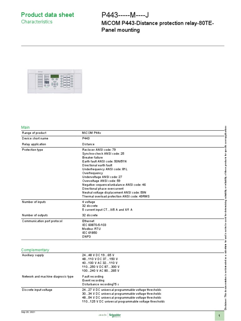 Product Data Sheet: Micom P443-Distance Protection Relay-80Te-Panel ...