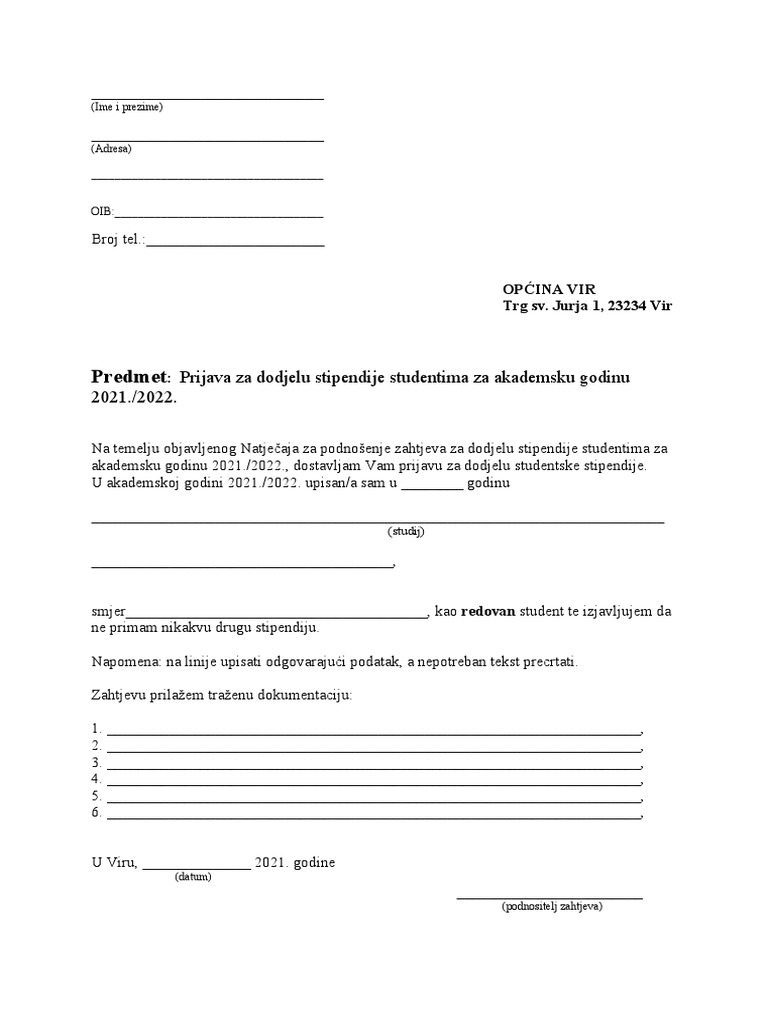 Obrazac Prijave Za Stipendiju | PDF