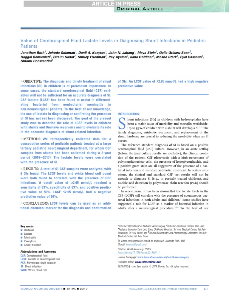 Value of Cerebrospinal Fluid Lactate Levels in Diagnosing Shunt ...