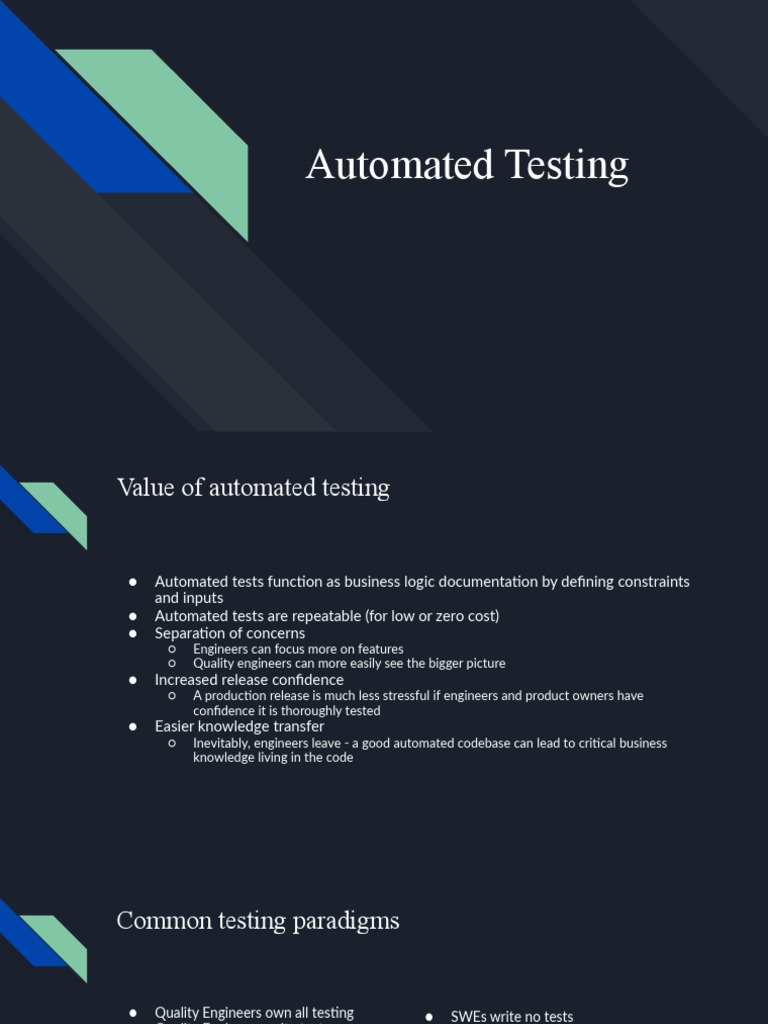 Automated Testing Presentation | PDF | Unit Testing | Software Testing