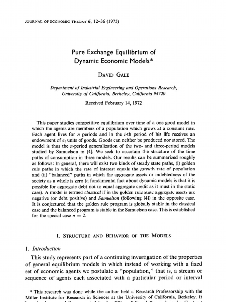 Pure Exchange Equilibrium of Dynamic Economic Models | PDF | General ...