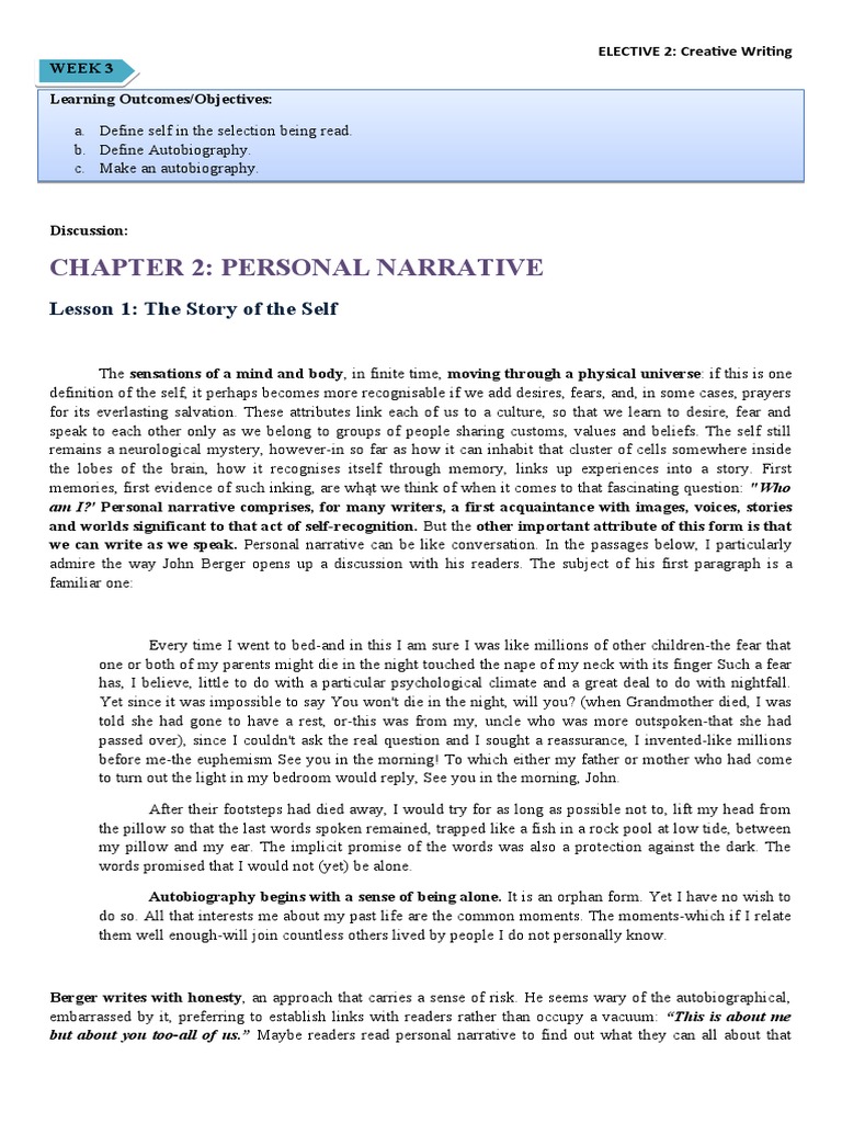 Chapter 2: Personal Narrative: Lesson 1: The Story of The Self ...