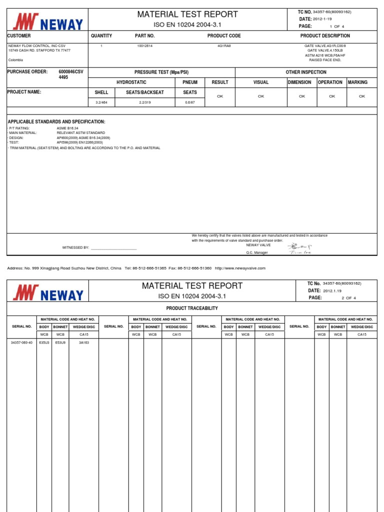 Material Test Report: ISO EN 10204 2004-3.1 | PDF | Valve | Materials