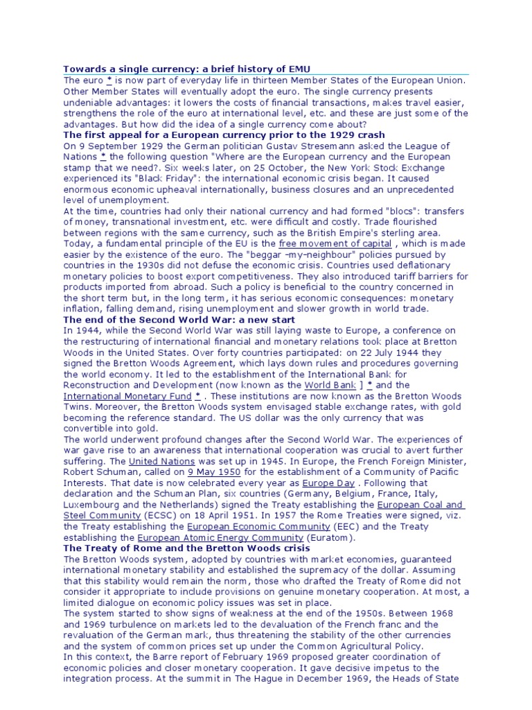 Towards A Single Currency: A Brief History of EMU | PDF | Economic And ...